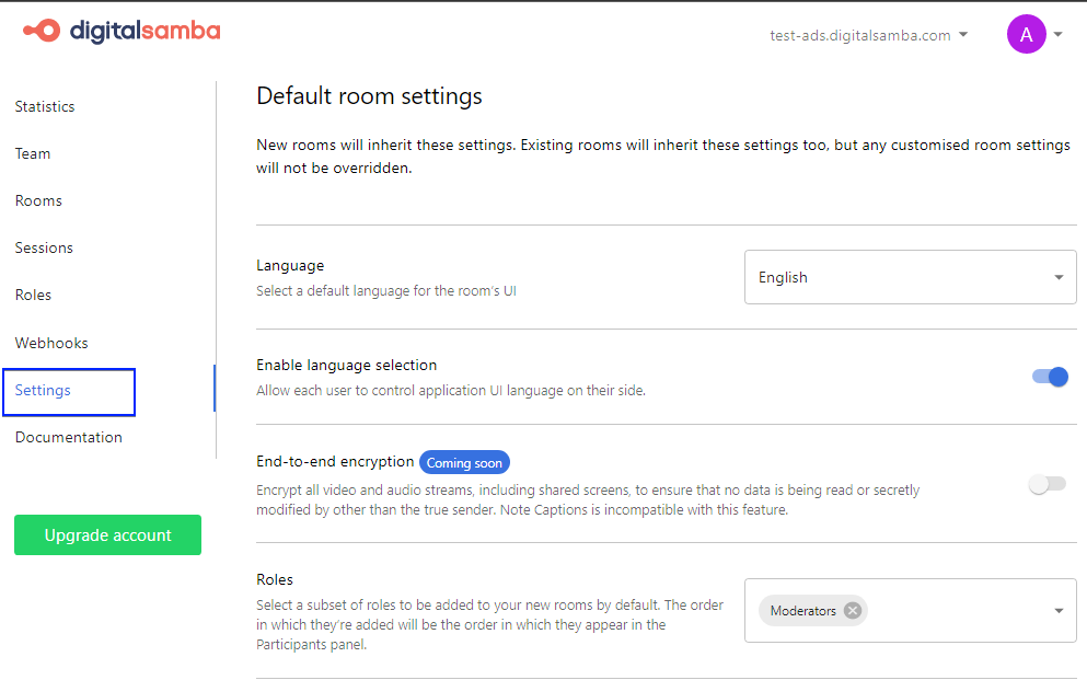 How to configure your Digital Samba Rooms using Dashboard
